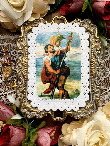 Saint Christopher paper lace holy card | CatholicPrintPress