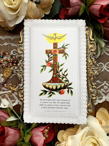Holy Water Dispels the devil tall paper lace holy card | CatholicPrintPress
