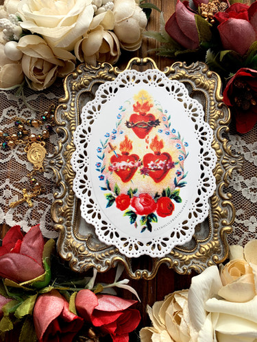 Holy Family Hearts Forget Me Not Rose Garland oval paper lace holy card ...