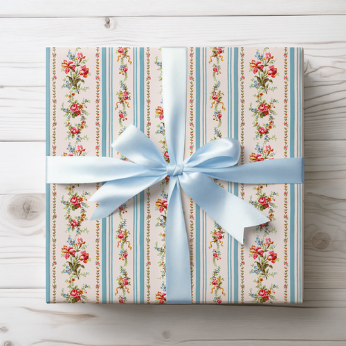 Cottage Rose Blue Stripe Wrapping Paper | CatholicPrintPress