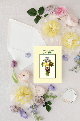 A Spiritual Bouquet Pansy Cross Catholic greeting card | CatholicPrintPress