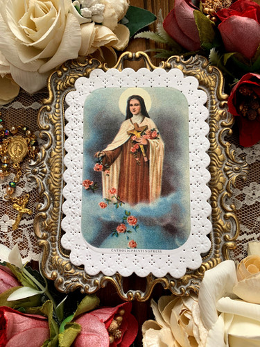 Saint Therese Shower of Roses paper lace holy card | CatholicPrintPress