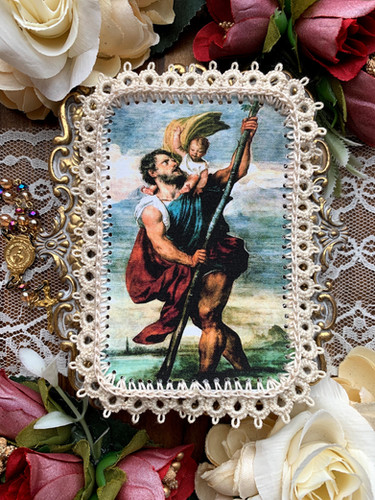 Saint Christopher fabric lace holy card detente | CatholicPrintPress