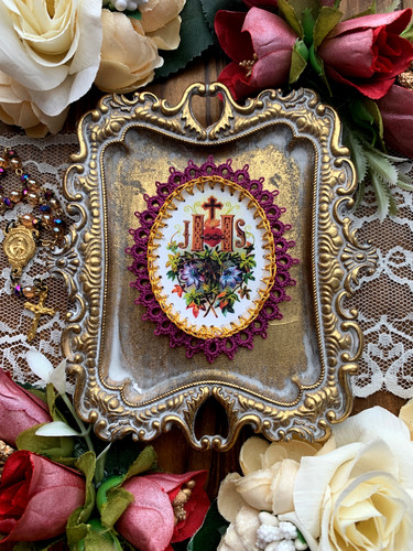 Holy Name JHS Sacred Heart mini fabric lace holy card detente ...