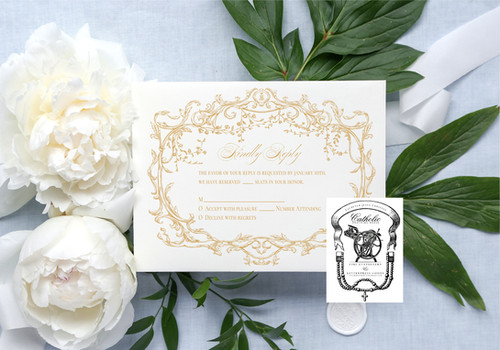 Auspice Maria Baroque Gold Crest Catholic RSVP Cards | CatholicPrintPress