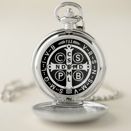 Saint Benedict Medal Men's Catholic Pocket Watch | CatholicPrintPress