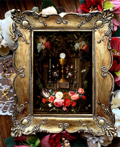 Chalice in a Garland Baroque Canvas Framed Print | CatholicPrintPress