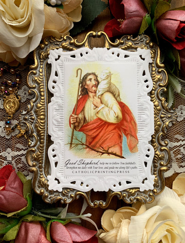Custom Good Shepherd Custom ordination lace holy card | CatholicPrintPress