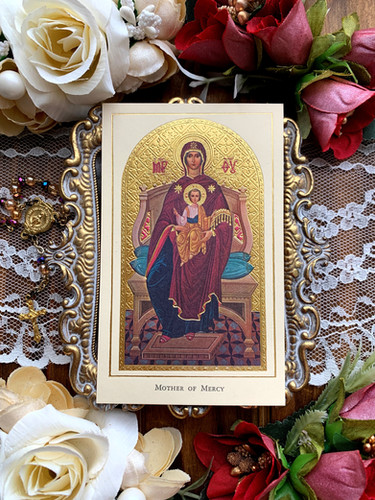 Mother of Mercy Icon gold foil embossed holy card | CatholicPrintPress