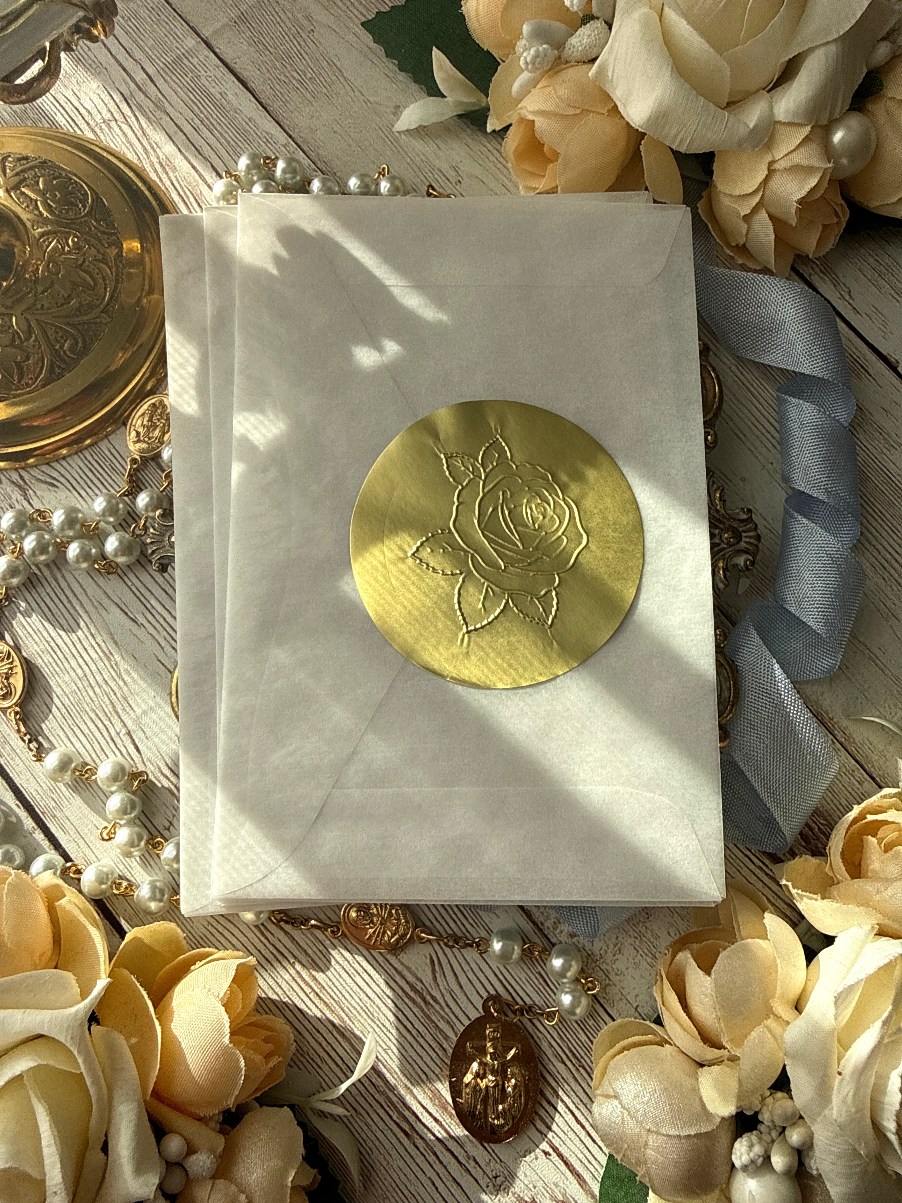 Small Glassine Holy Card Envelopes with Gold Embossed Rose Stickers ...