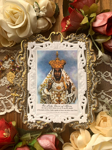 Our Lady Queen of Africa baroque paper lace holy card | CatholicPrintPress