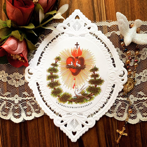 Sacred Heart Bonsai pointed oval embossed paper lace holy card ...