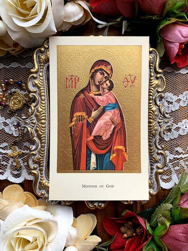 Mother of God Icon gold foil embossed holy card | CatholicPrintPress