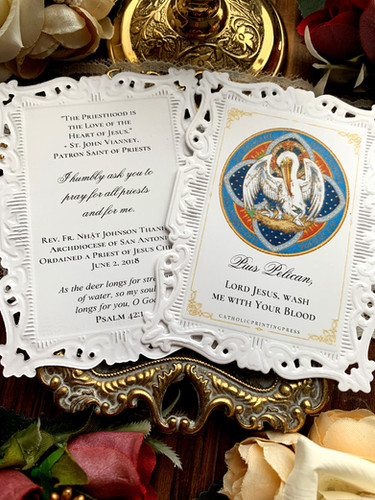 Custom Ordination Pius Pelican embossed lace holy cards ...