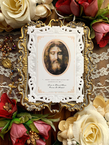 Holy Face Shroud baroque embossed paper lace holy card | CatholicPrintPress