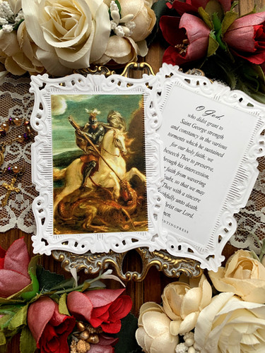 Saint George embossed paper lace holy card | CatholicPrintPress