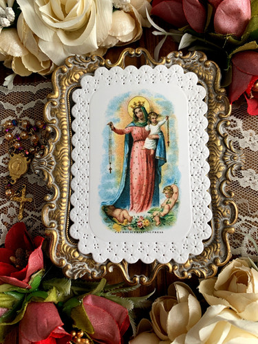 Our Lady of the Rosary paper lace holy card | CatholicPrintPress