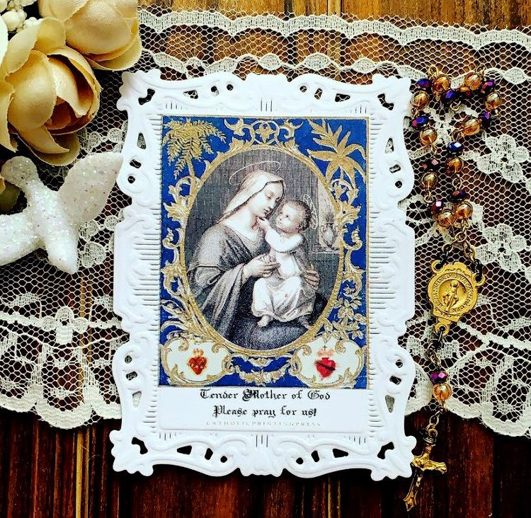 Tender Embrace Mother of God blue frame baroque paper lace holy card ...
