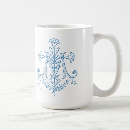 Auspice Maria Blue Lilies Catholic Mug | CatholicPrintPress