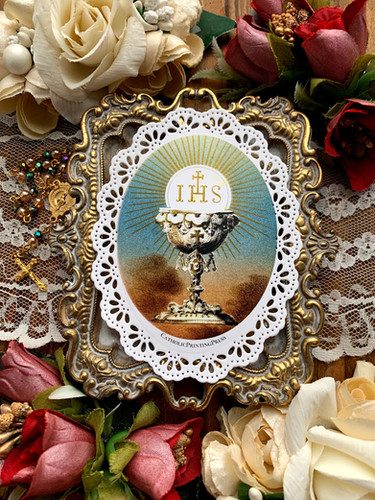 Custom IHS Regal Chalice chantilly oval paper lace holy card ...