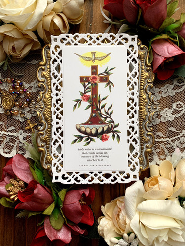 Holy Water Remits Venial Sin tall paper lace holy card | CatholicPrintPress