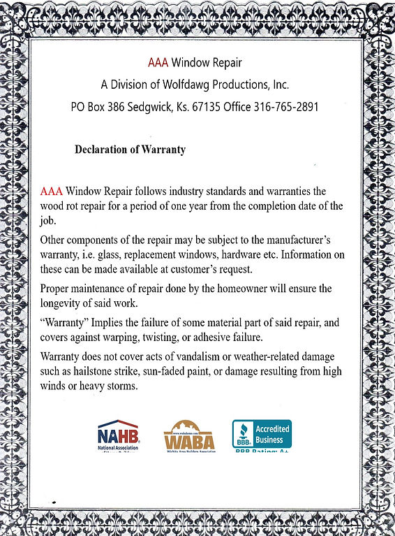Declaration of Warranty | aaawindowrepair