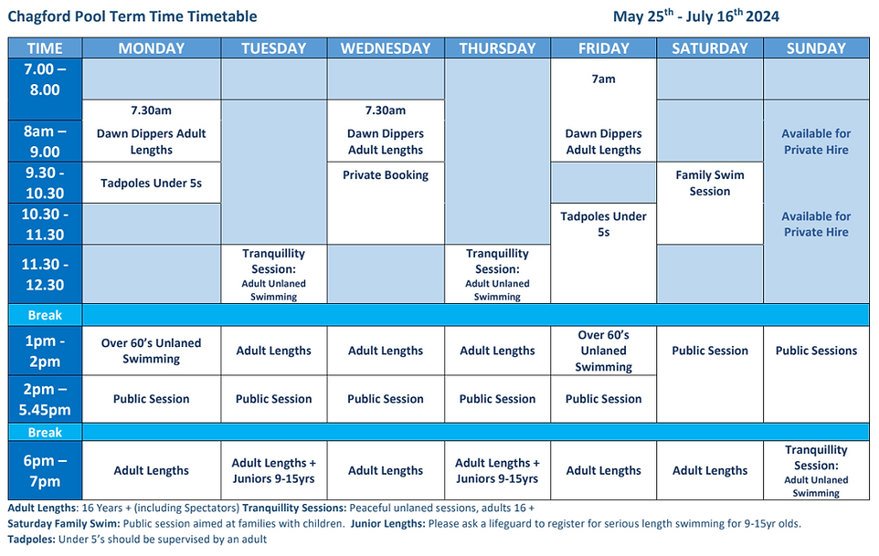 Timetable and Prices | Chagford Pool