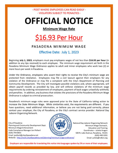Pasadena City Minimum Wage Poster | American Compliance