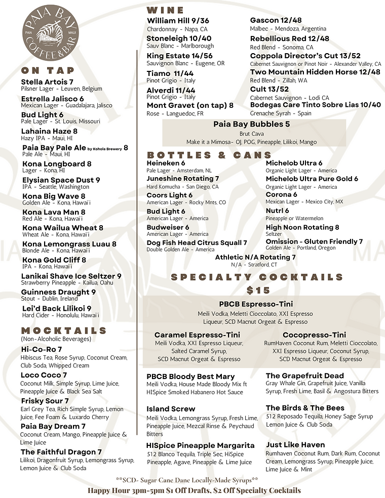 Menu | Paia Bay Coffee Bar