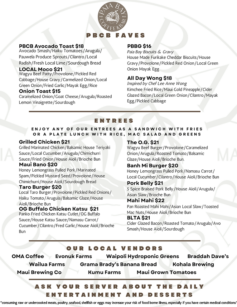 Menu | Paia Bay Coffee Bar