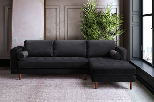 Roxanne Mid-Century Modern Black Velvet Sectional | ZzzLot