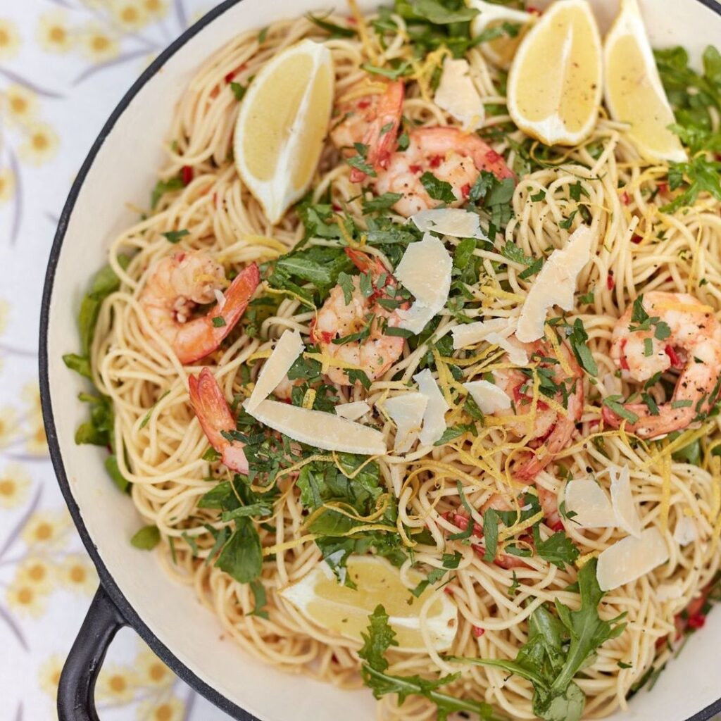 Prawn Pasta with Tomato and Basil Salad | Emmylou Loves