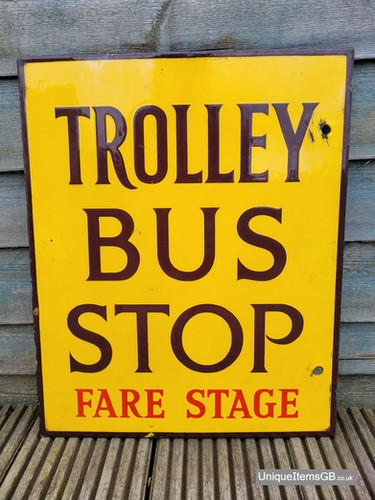 Original Double Sided TROLLEY BUS STOP Enamel Sign | UniqueItemsGB.co.uk