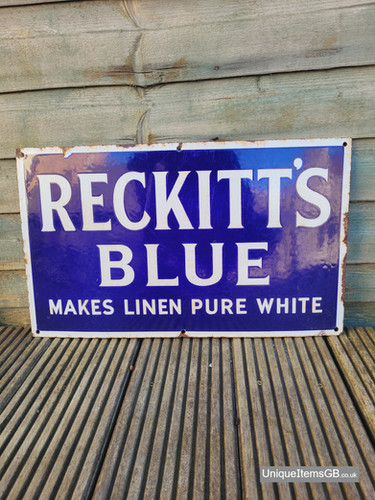 Early Genuine RECKITT'S BLUE Enamel Sign 20" x 12" | UniqueItemsGB.co.uk