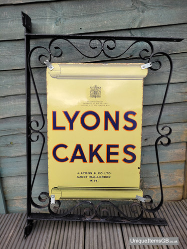 Genuine Double Sided LYONS CAKES Enamel Sign With Metal Bracket 33" x ...