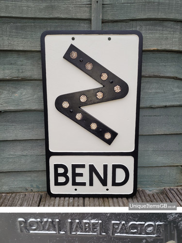 Pre-Warboys BEND ROAD SIGN with glass reflectors by Royal Label Factory ...