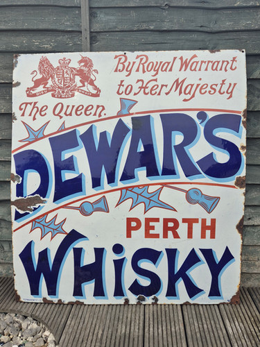 1930s Genuine DEWARS WHISKY enamel sign 40" x 36" | UniqueItemsGB.co.uk