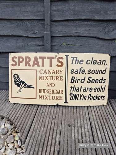 Genuine 1920's SPRATTS BIRDS SEEDS enamel sign 24" x 12 ...