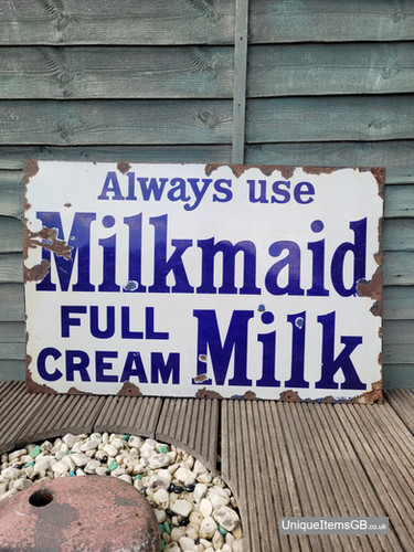 Original 1920's MILKMAID FULL CREAM MILK Enamel Sign LARGE 36.5" x 24 ...