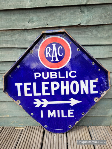 Genuine 1930s Double sided RAC Public Telephone 1 Mile enamel sign 21.5 ...