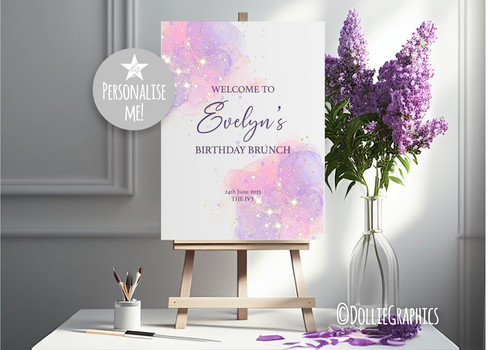 Personalised Watercolour Welcome Party Sign - Purple | Dollie Graphics