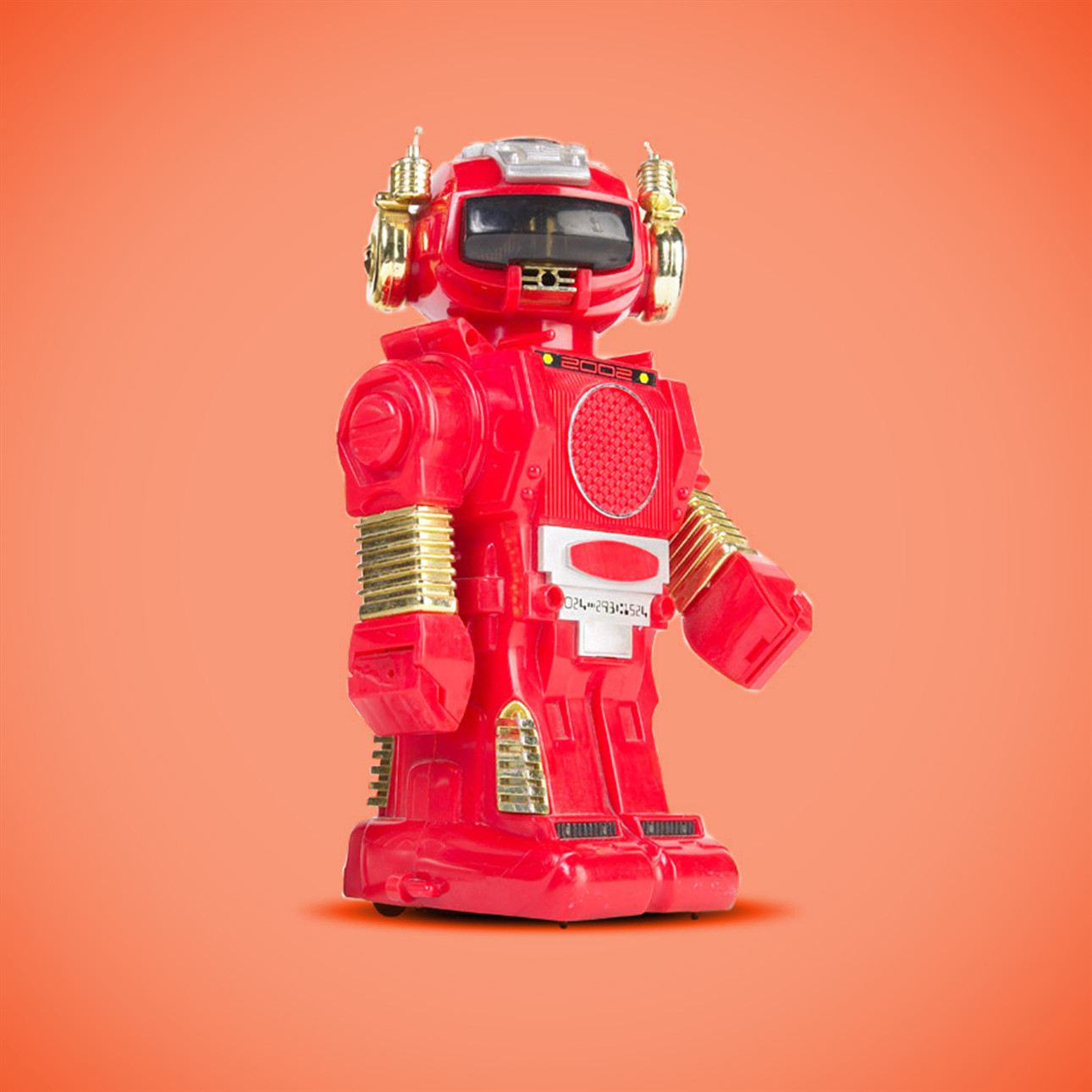 robot de color rojo sobre fondo naranja