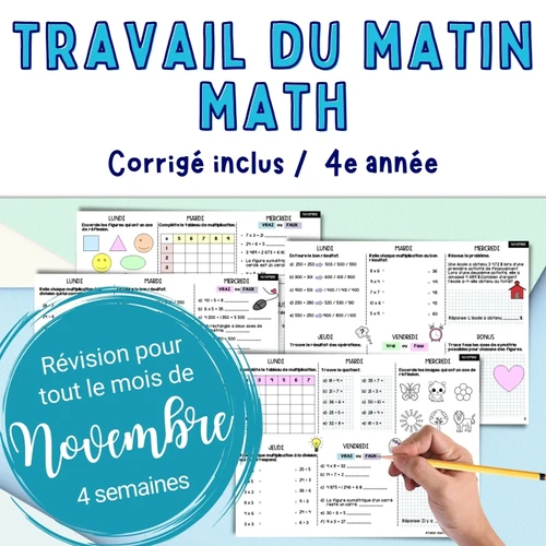 Travail du matin Math 4e année Novembre | Atelierdemots