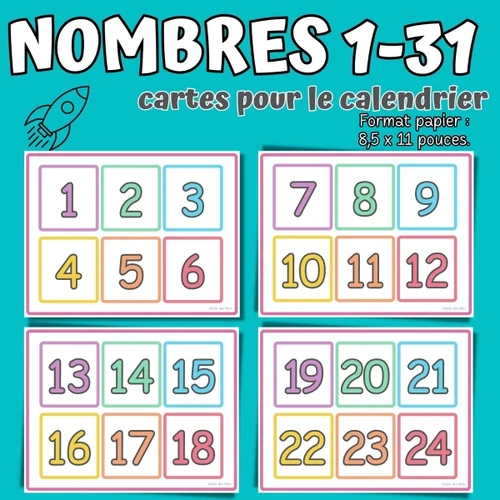 Cartes des nombres pour le calendrier de classe 1re, 2e, 3e, 4e, 5e, 6e ...