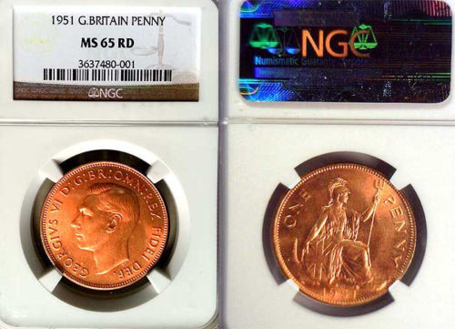 Gt. Britain 1950 Penny, Rare Red Gem BU, NGC 65, Gorgeous, Rare High Gr ...