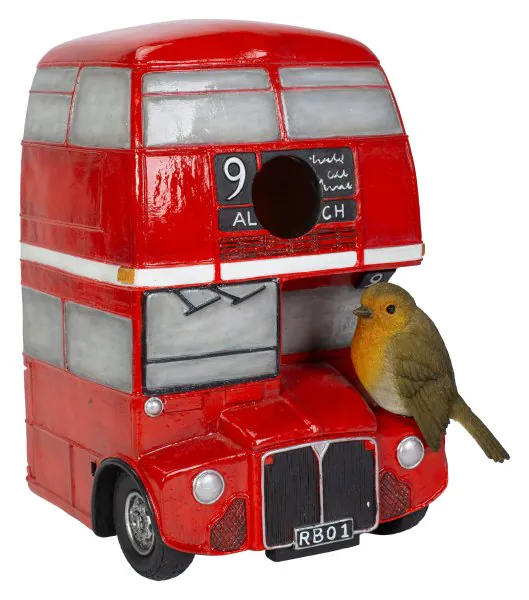Vivid arts London bus birdhouse with robin | Truesculpt