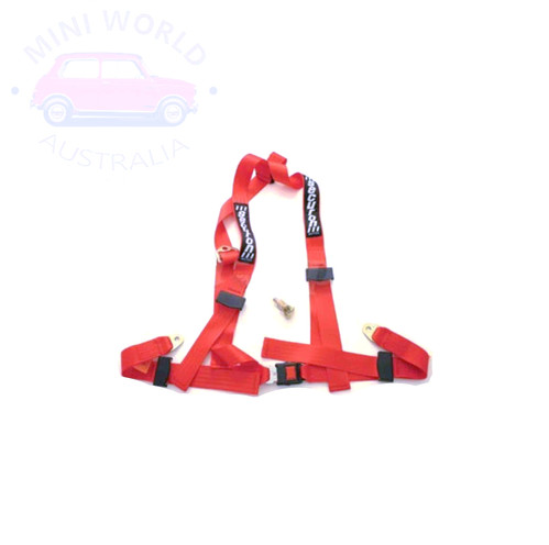 Seatbelt 3 point Rally harness in red colour | Mini World Australia