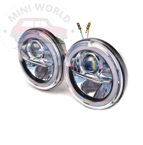 Mini and Moke pair of LED headlamps chrome for LHD Classic Mini cars ...