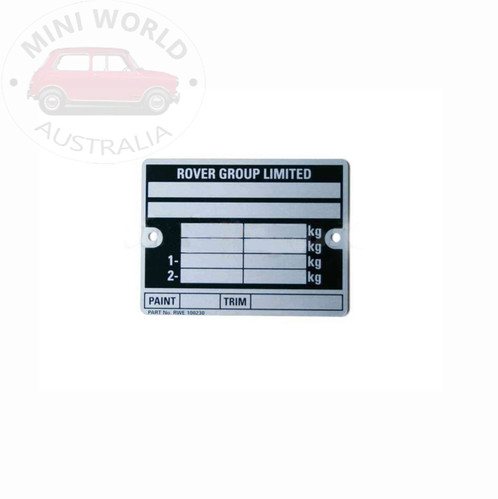 Rover Mini manufacturer's body identification plate | Mini World Australia