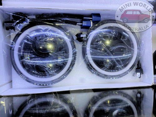 Mini and Moke pair of LED headlamps black for RHD Classic Mini & Moke ...